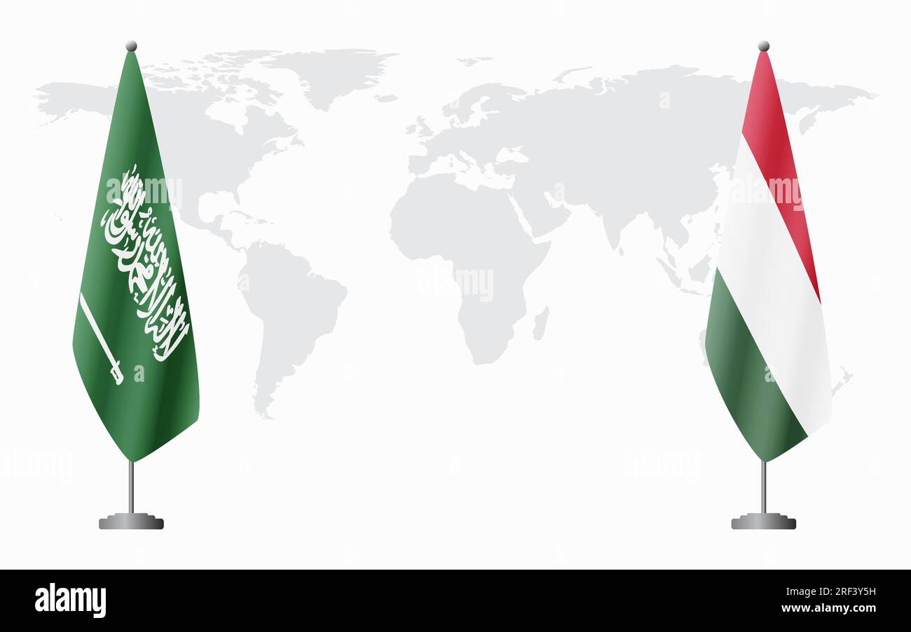 Saudi Arabia and Hungary flags for official meeting against background ...