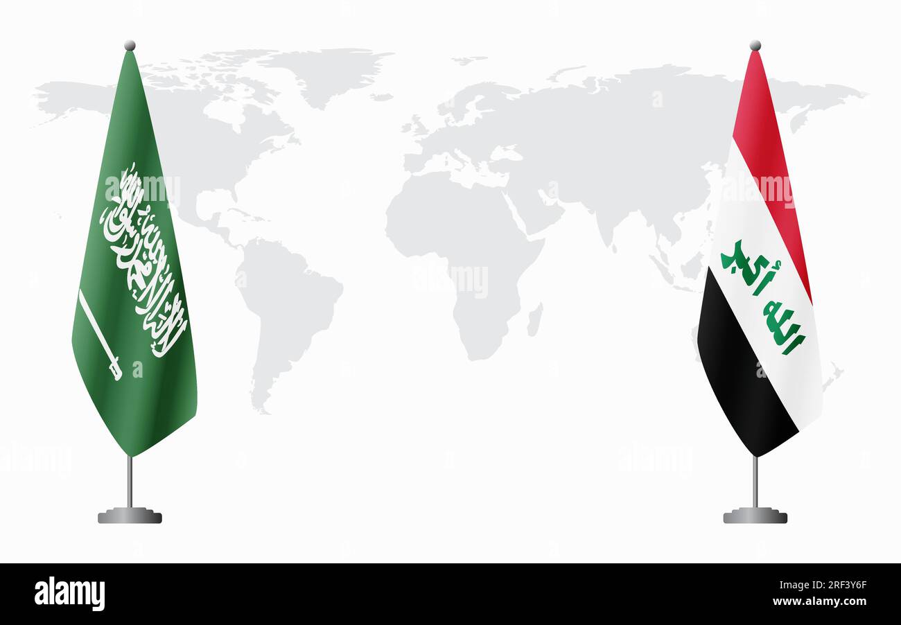 Saudi Arabia and Iraq flags for official meeting against background of ...