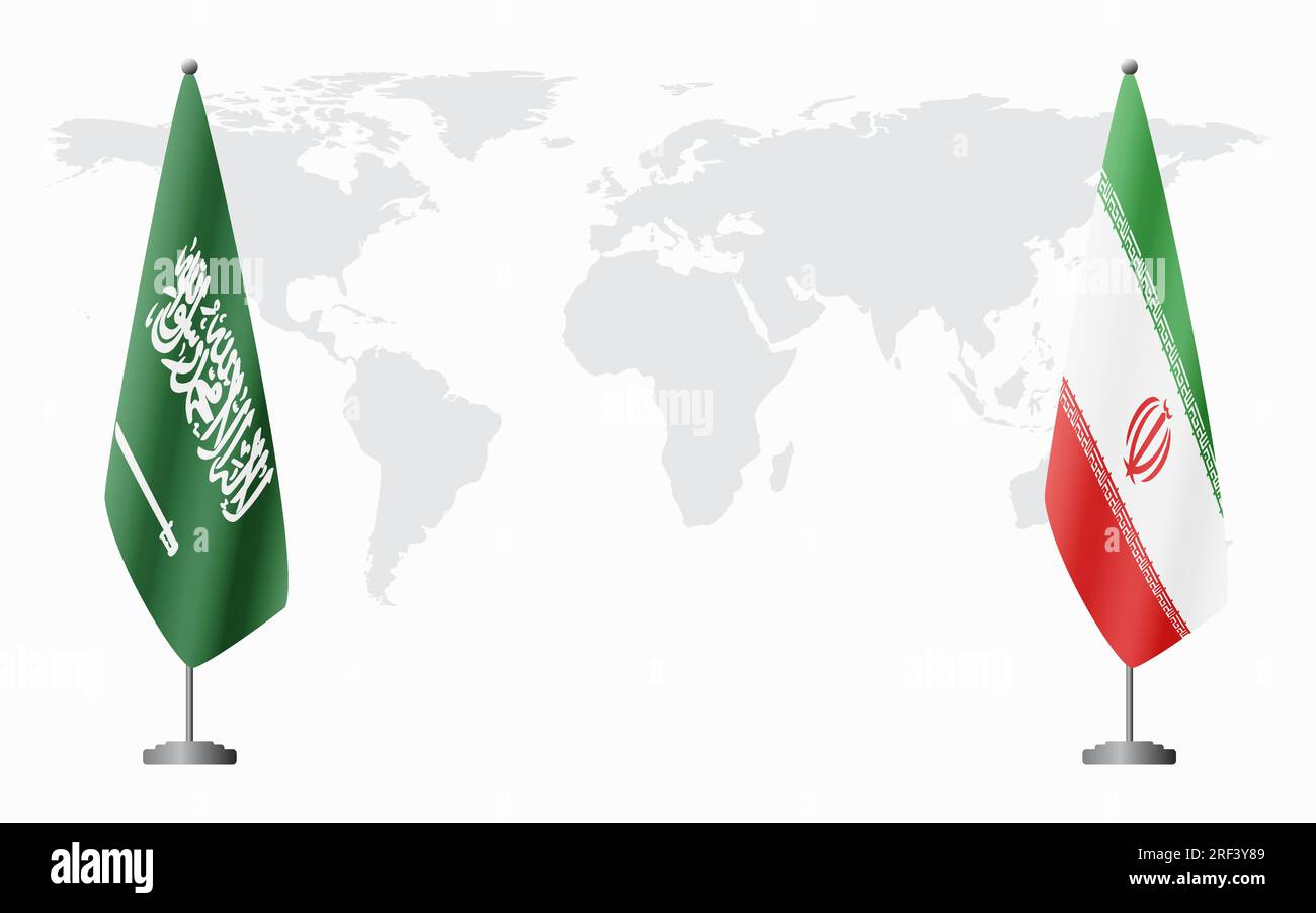Saudi Arabia and Iran flags for official meeting against background of ...