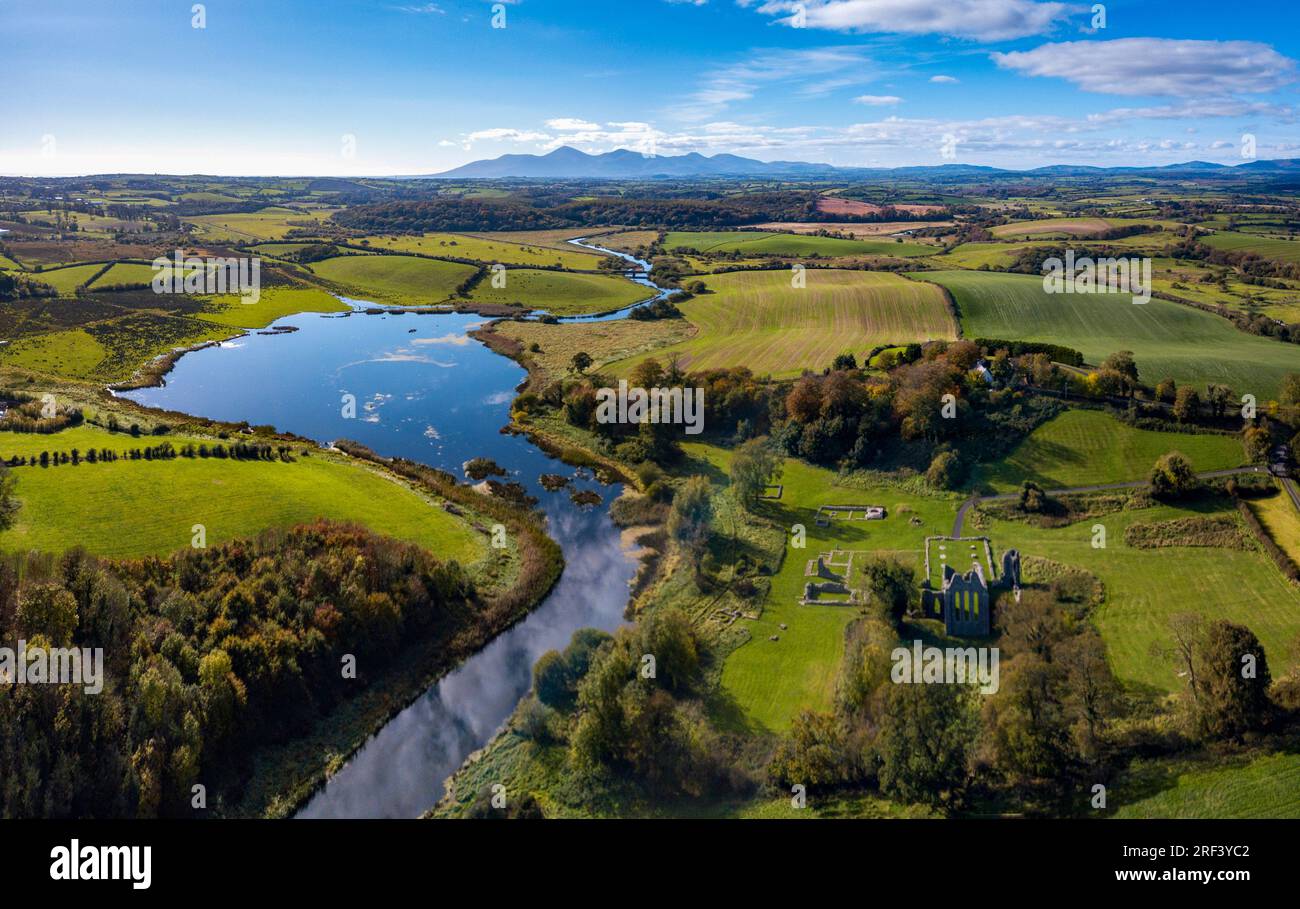 Aerial of Inch Abbey, Quoile Estuary, Downpatrick, County Down ...