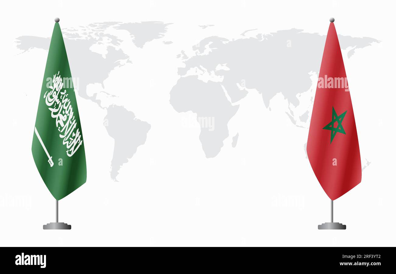 Saudi Arabia and Morocco flags for official meeting against background ...