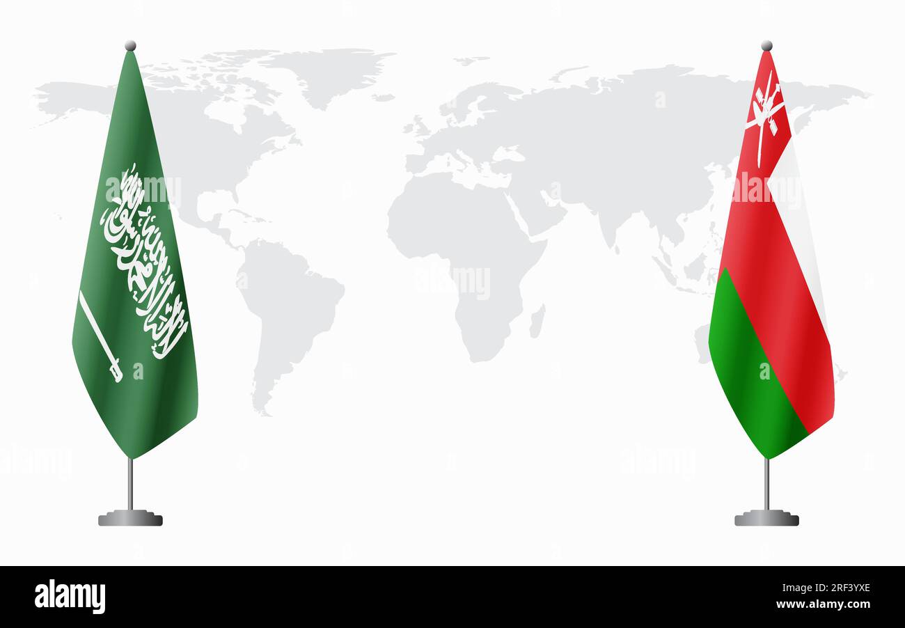 Saudi Arabia and Oman flags for official meeting against background of ...