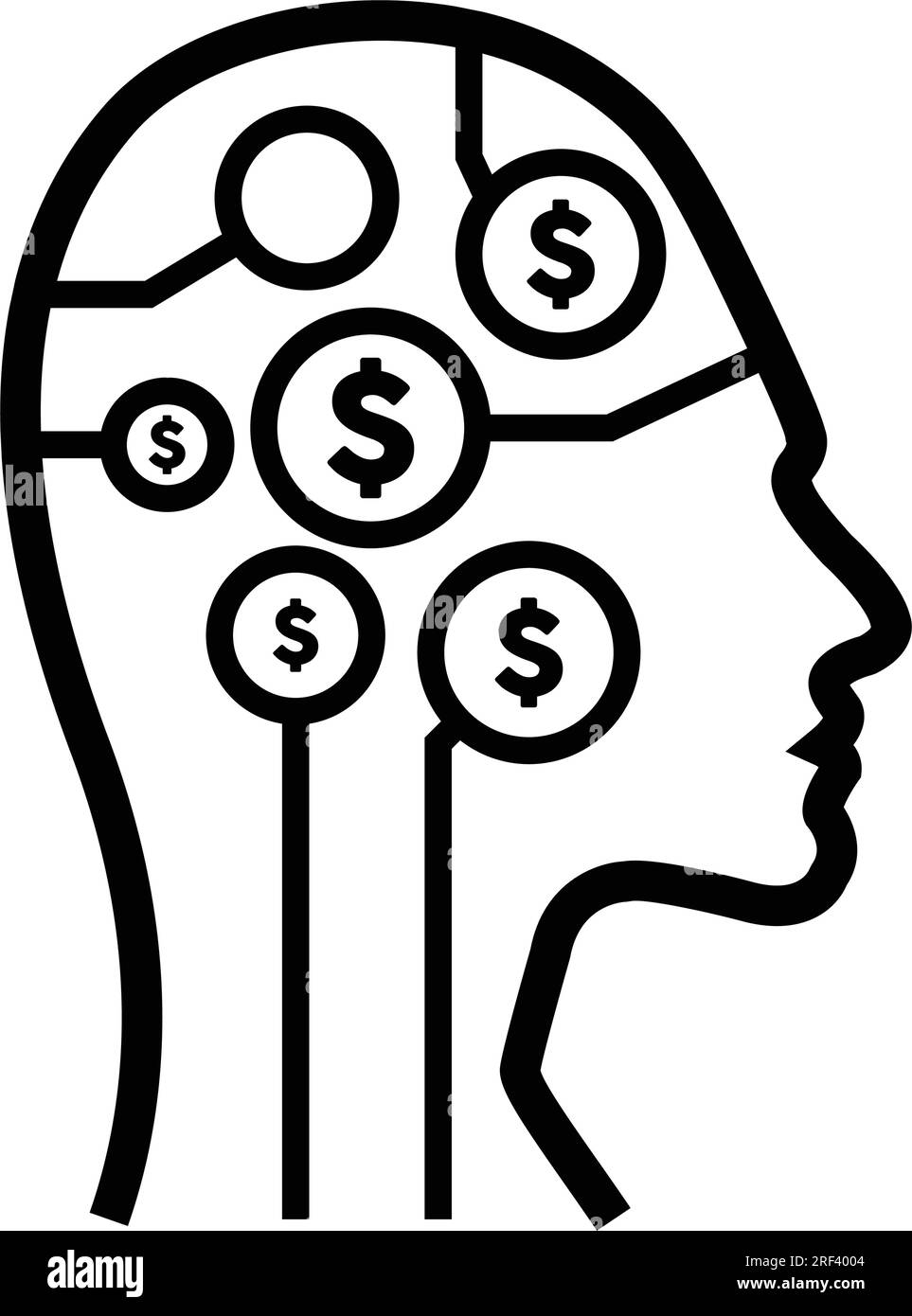 A digital dollar sign icon is displayed on a futuristic human profile ...