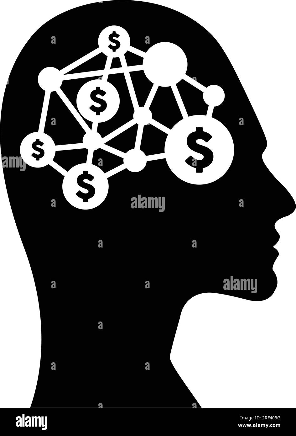 A dollar sign icon on a human profile face with a brain chip implant ...