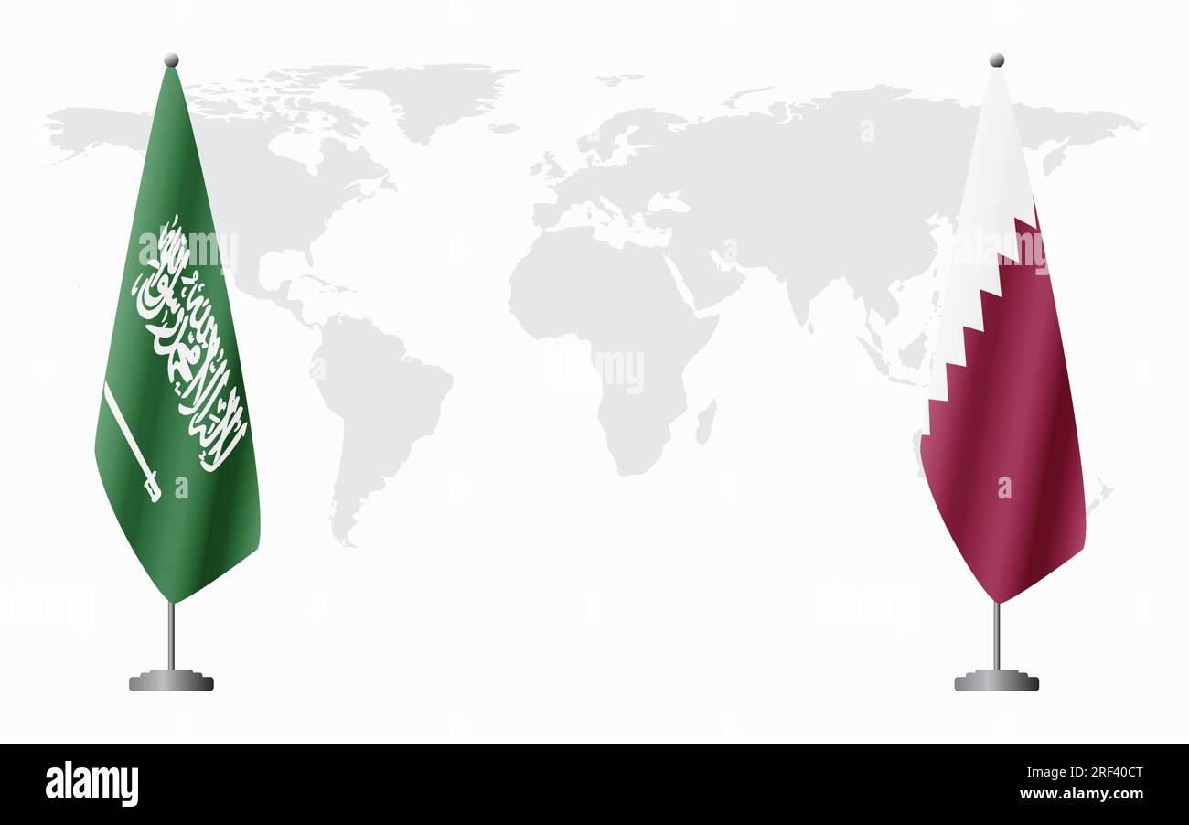 Saudi Arabia and Qatar flags for official meeting against background of ...