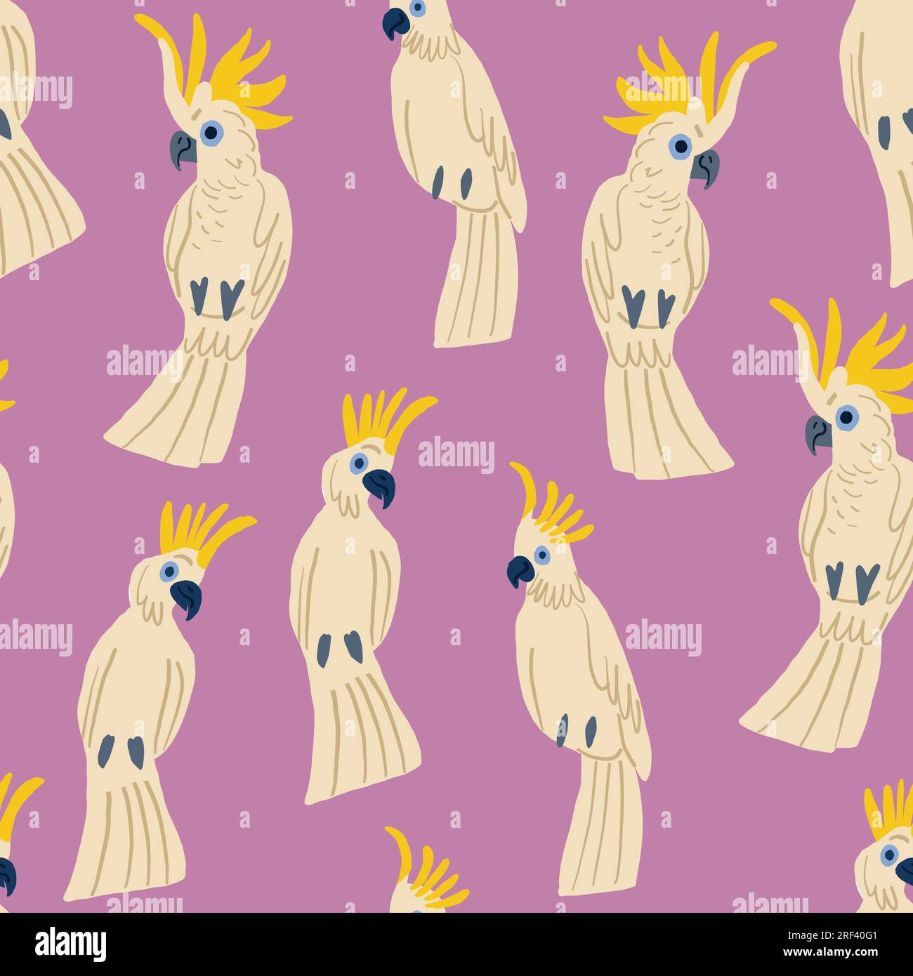 Vector Seamless Pattern With Parrots Cockatoo Characters White Bird Cute Parrots On Violet