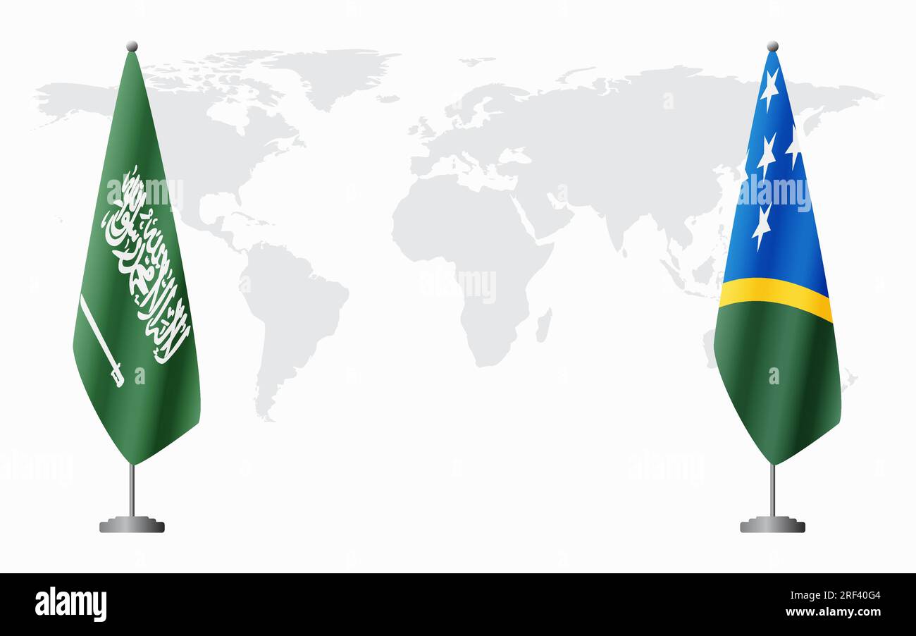 Saudi Arabia and Solomon Islands flags for official meeting against background of world map ...