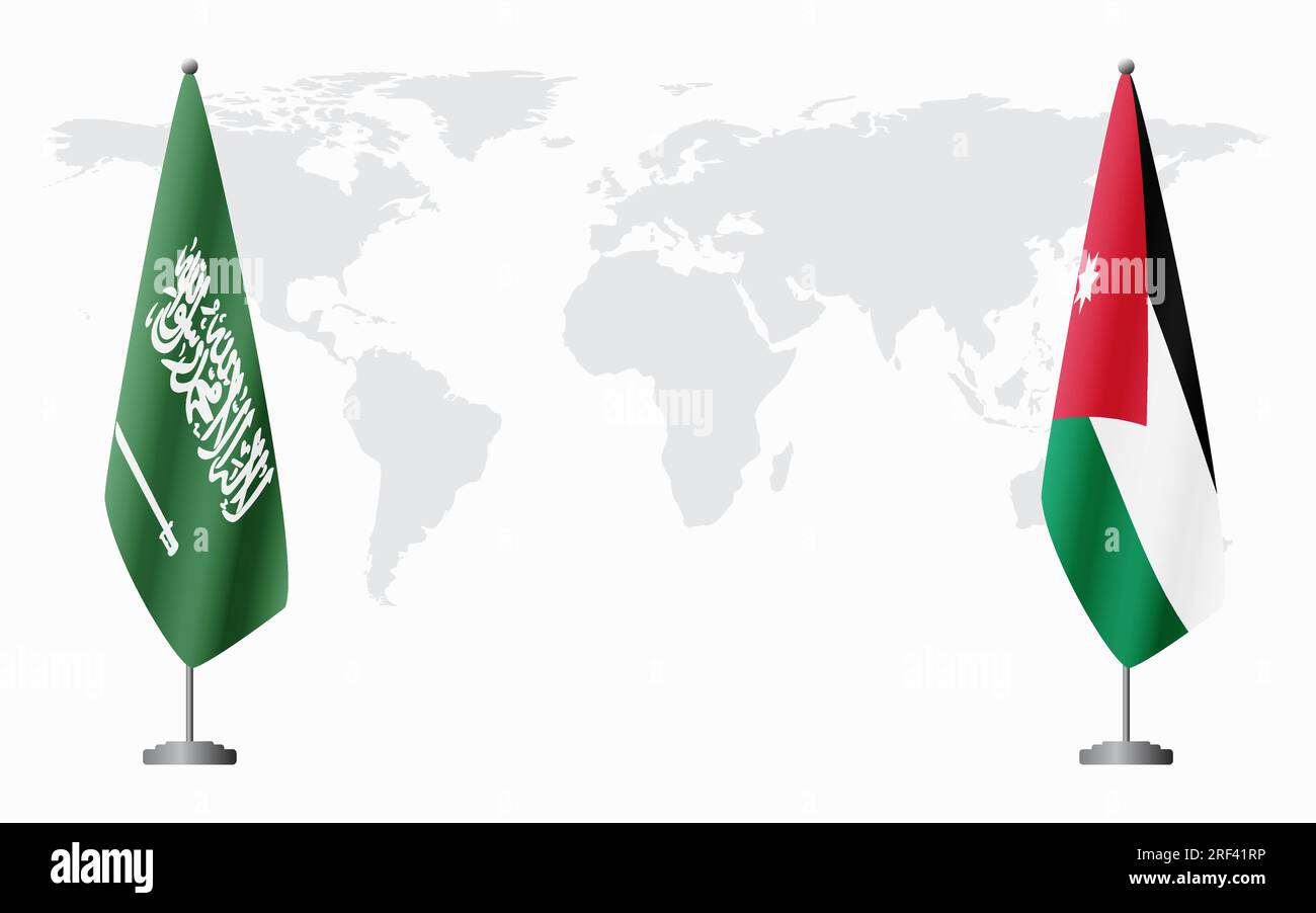 Saudi Arabia and Jordan flags for official meeting against background ...