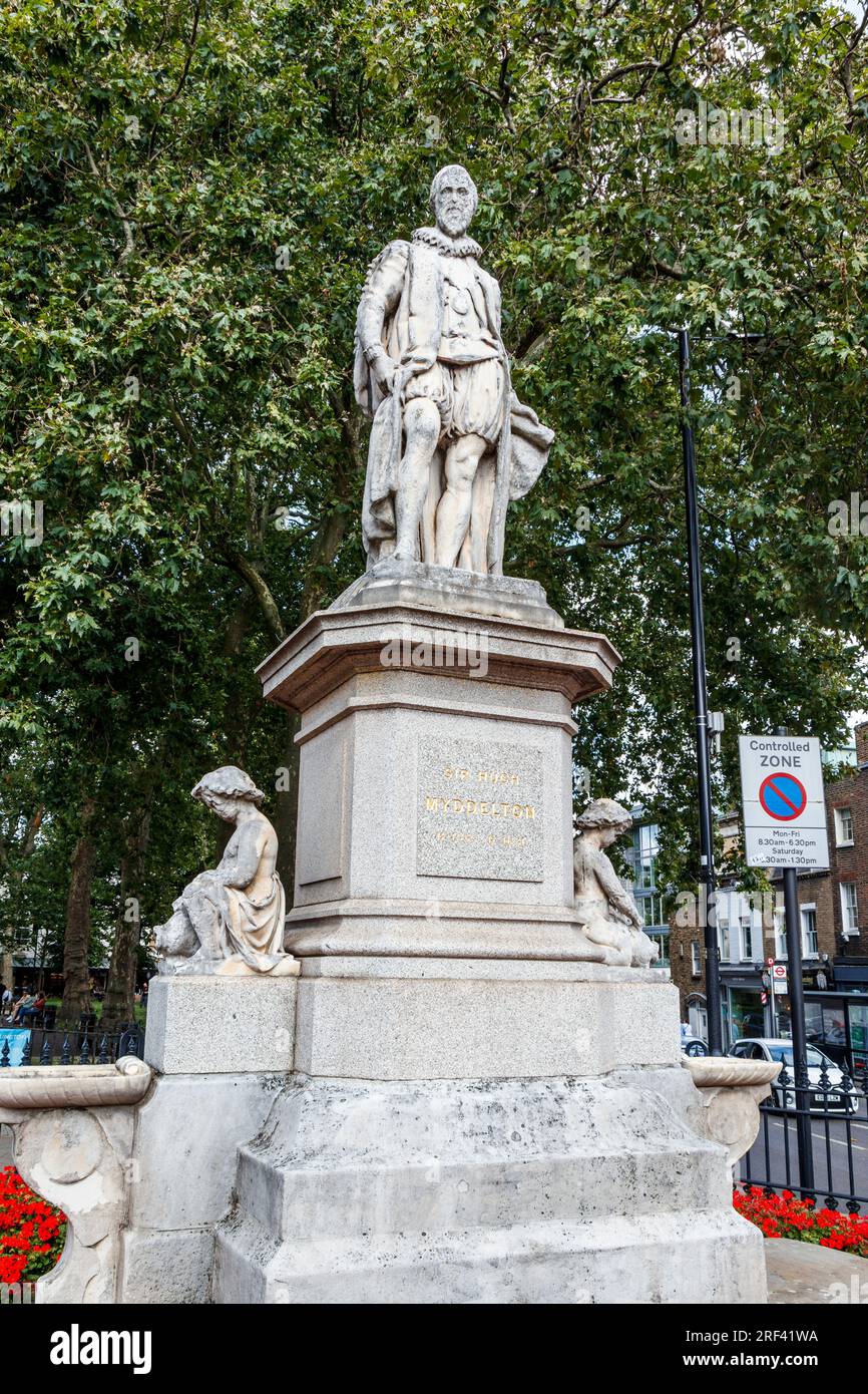The statue of Hugh Myddelton at Islington Green at the junction of ...