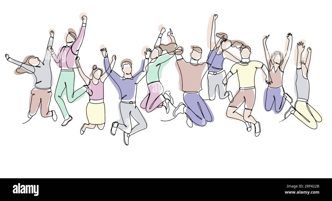 Single line drawing of jumping people, men and women with pastel ...
