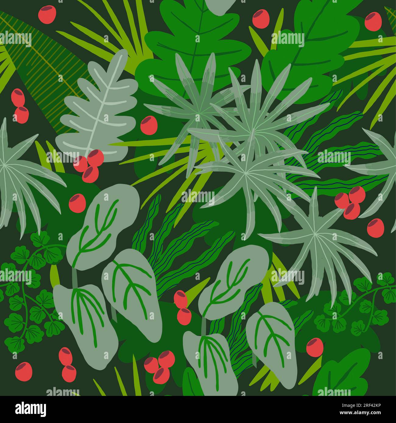 seamless abstract green pattern with leaves, berries, vector floral ...