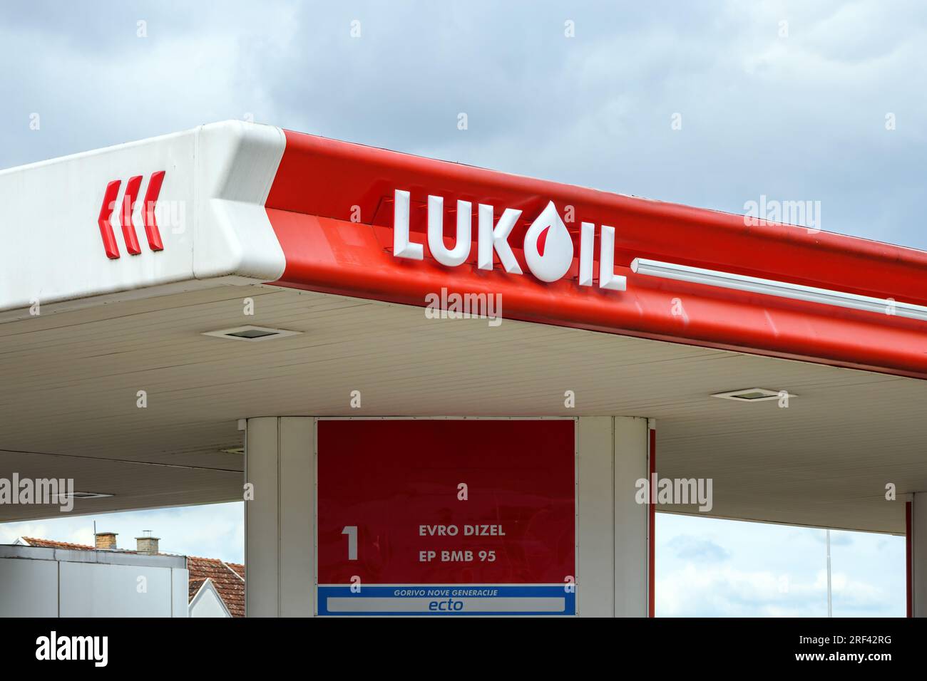 Apatin, Serbia - June 24, 2023: Lukoil gas station logo. The PJSC ...