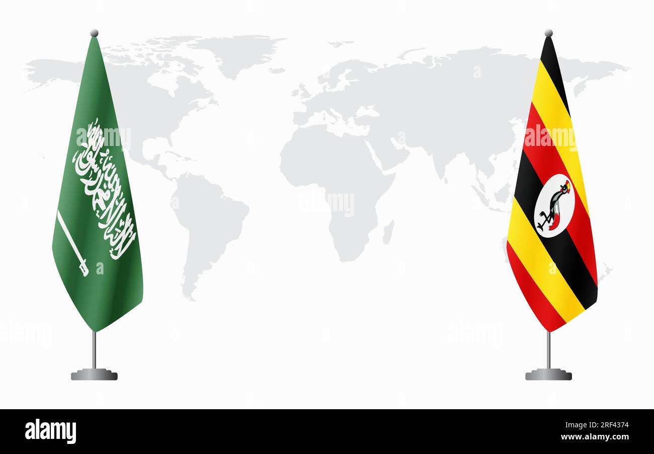 Saudi Arabia and Uganda flags for official meeting against background ...