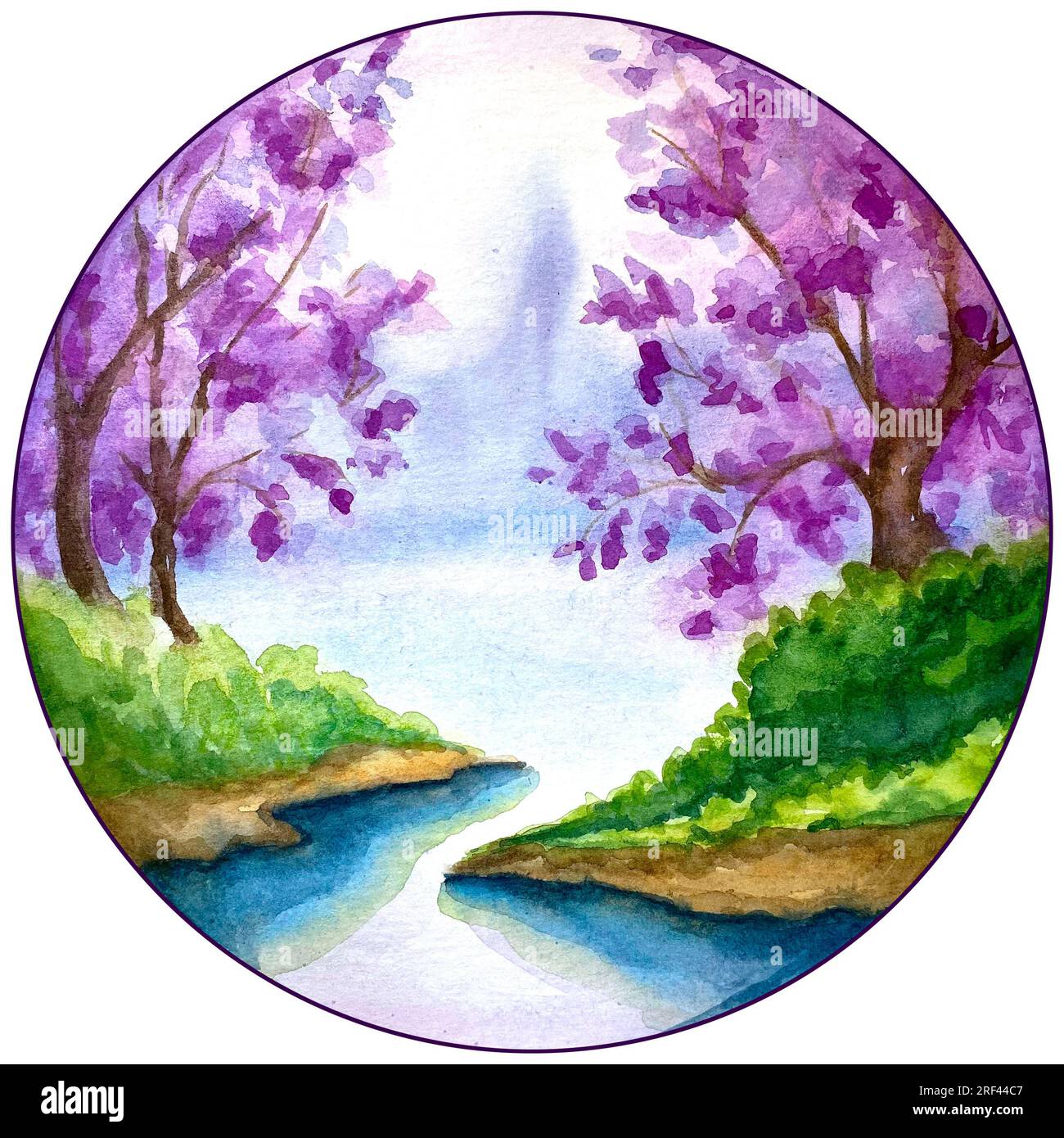 Watercolor illustration nature landscape round clip art Stock Photo - Alamy