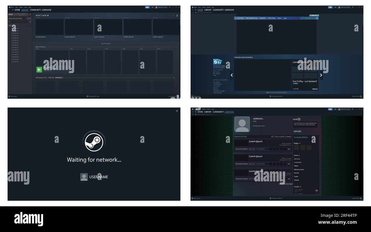 Steam interface. Video games store. Start window, Home, library ...