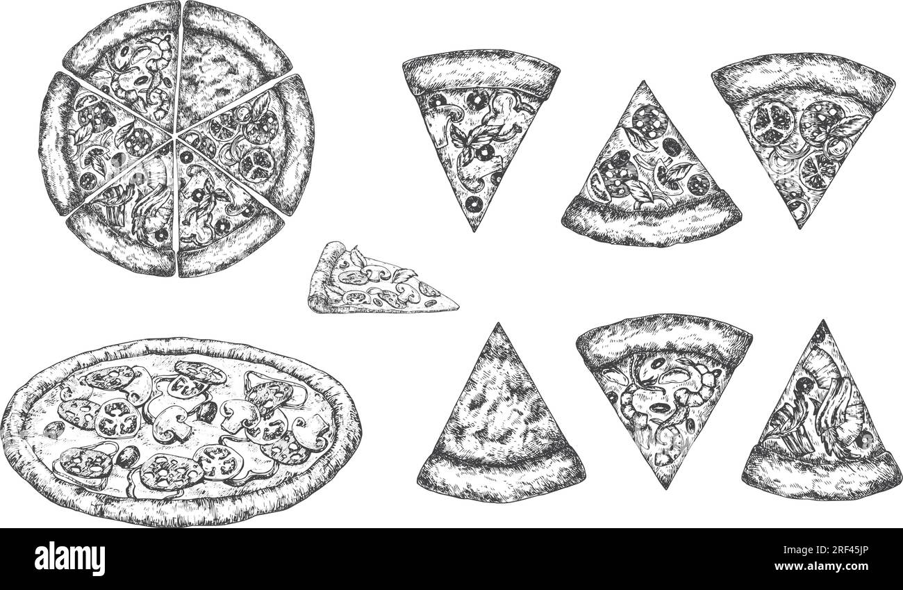 Pizza Hand Drawn Sketches Set. Italian Food Vector Illustrations ...