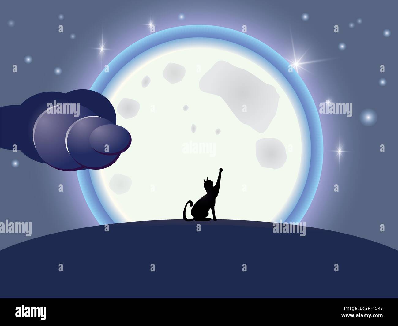 The cat is trying to reach the full moon. Vector drawing in the form of ...