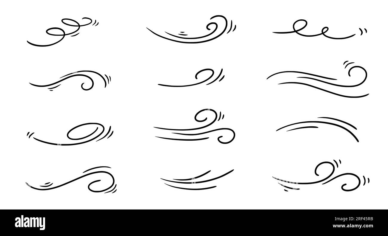 Doodle wind line sketch set. Hand drawn doodle wind motion, air blow ...
