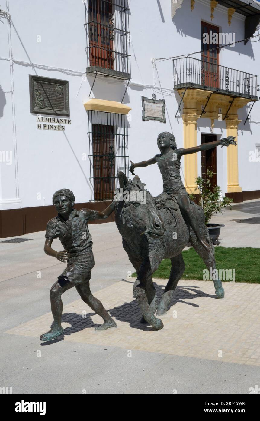 Moguer, Spain - July 31, 2023: Bronze sculpture by artist Pedro Requejo ...