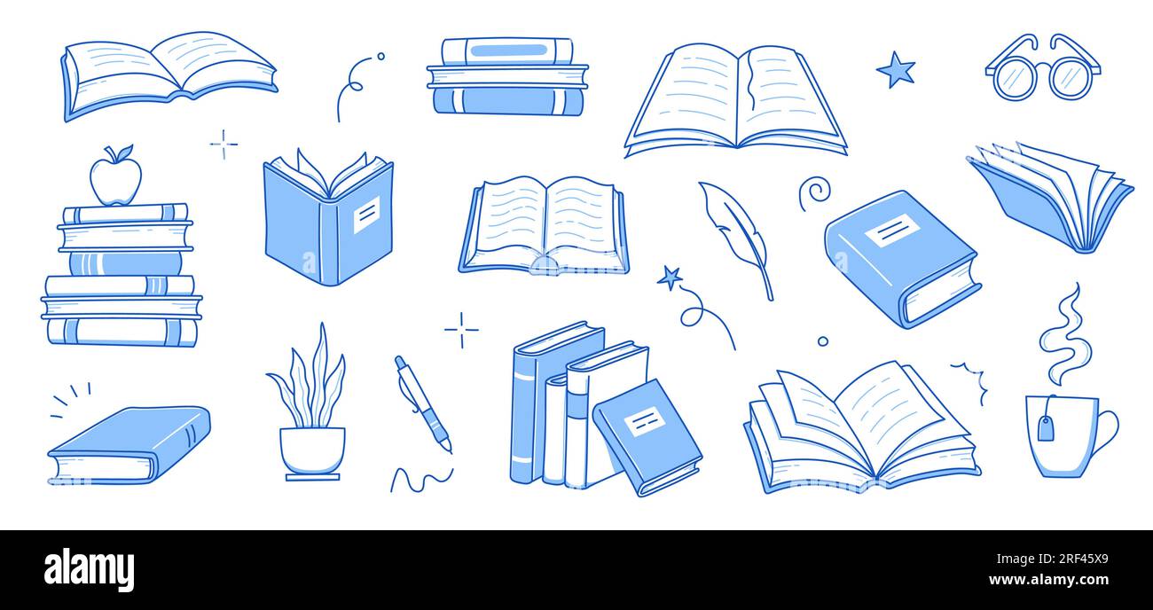 Book stack sketch set. Hand drawn sketch doodle style line book stack ...