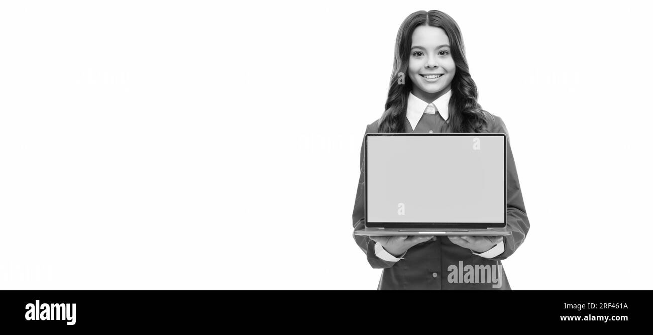 school blog on computer. kid on video lesson. teen girl show laptop ...