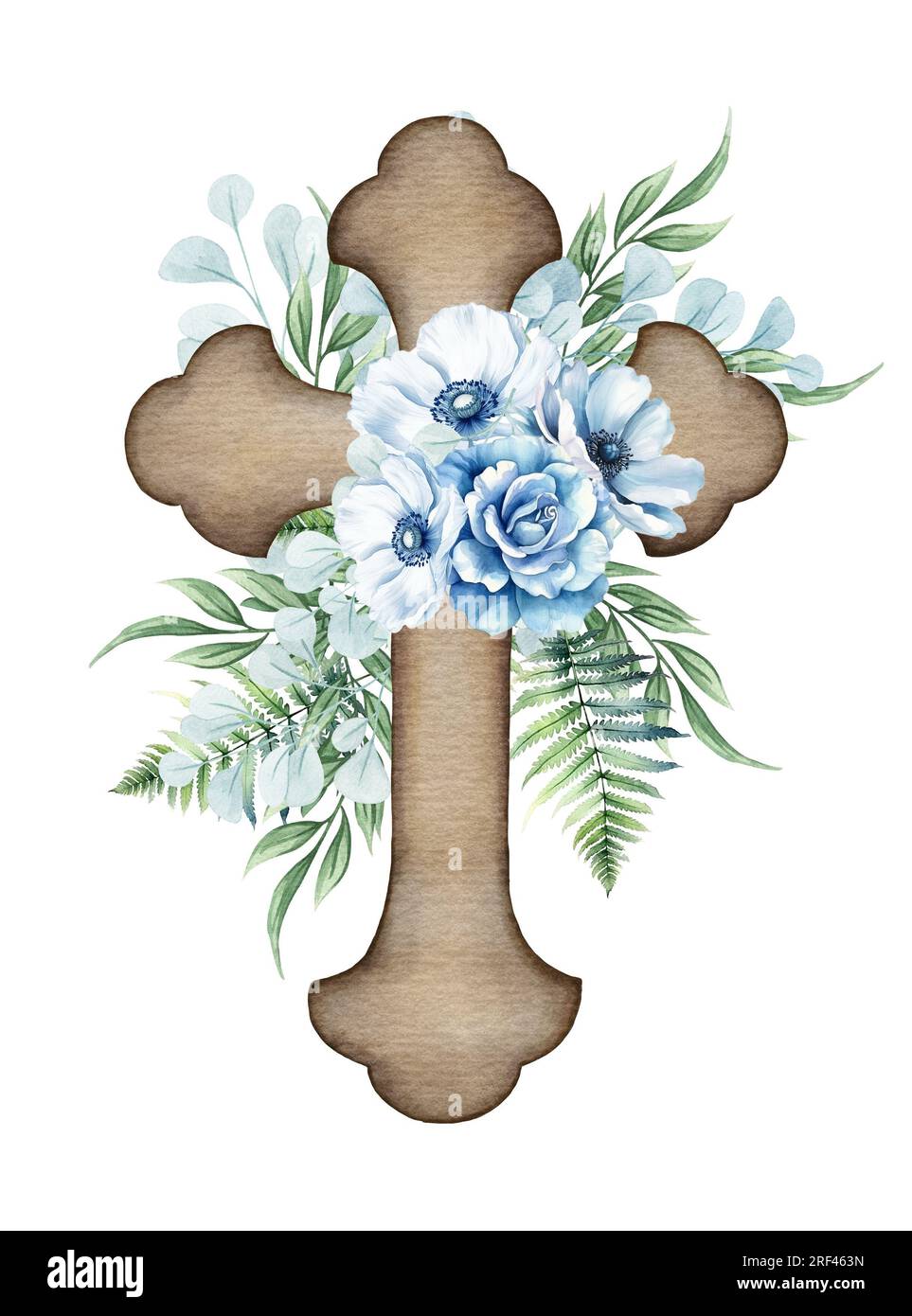 Floral cross. Wooden cross with blue flowers, fern, eucalyptus twigs ...