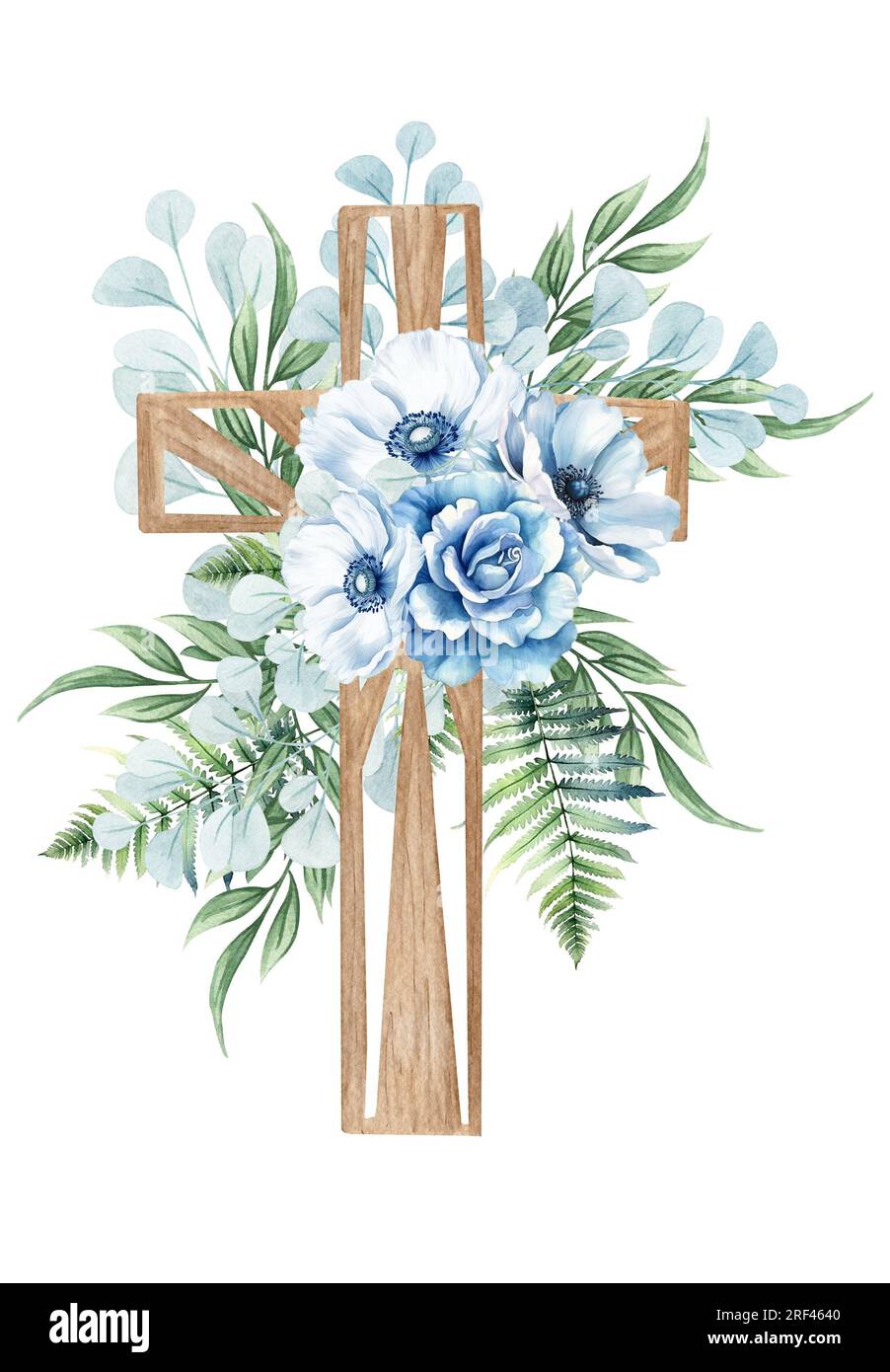 Floral cross. Wooden cross with blue flowers, fern, eucalyptus twigs ...