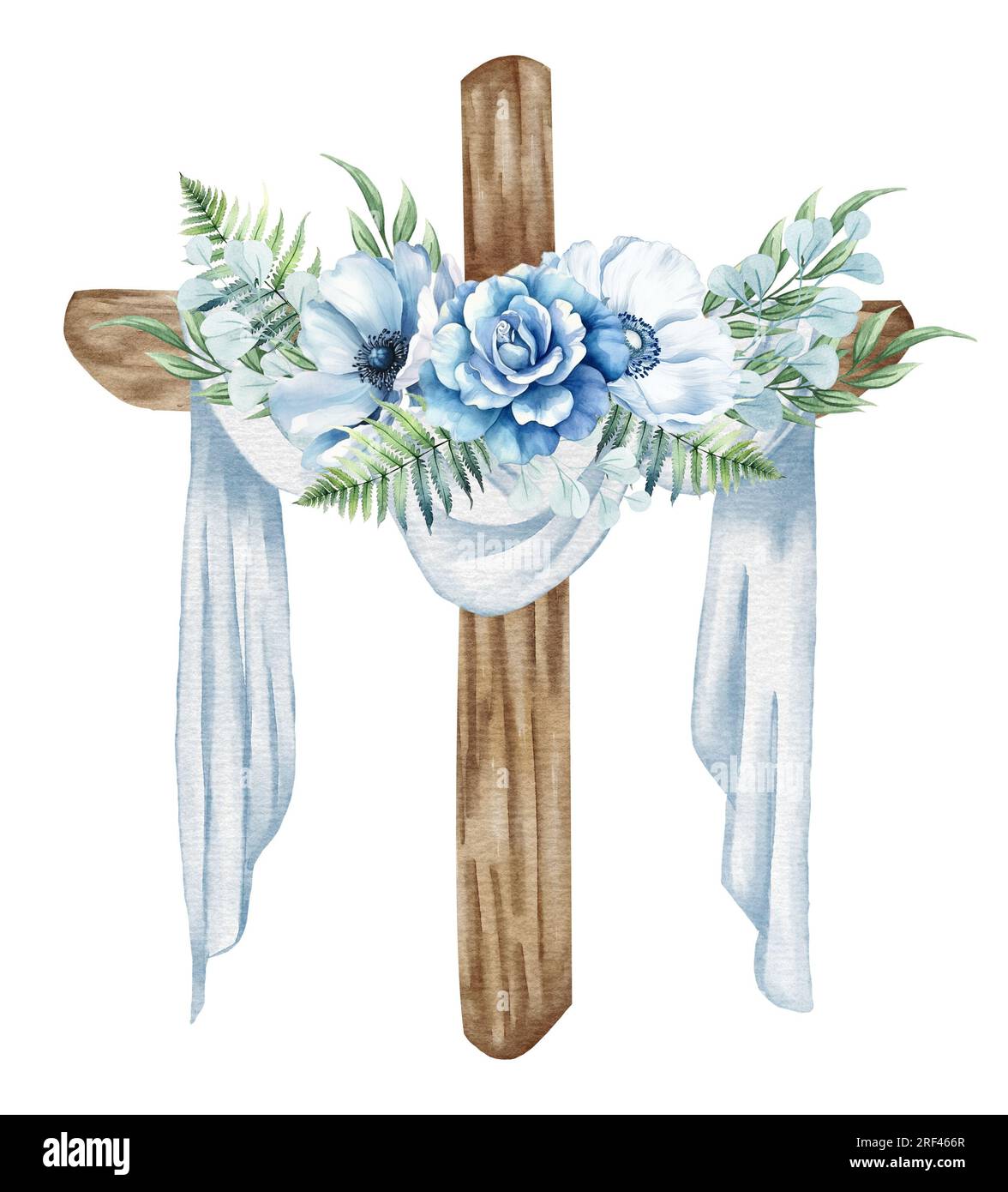 Floral cross. Wooden cross with blue flowers, fern, eucalyptus twigs ...