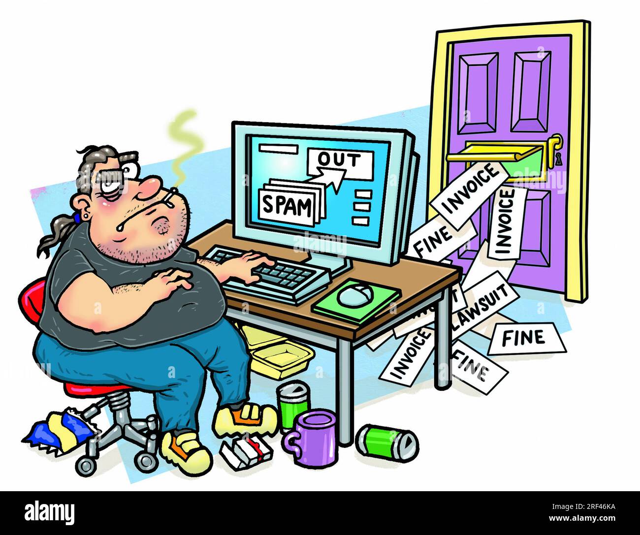 Art man at computer, being paid to send out spam marketing promotional ...