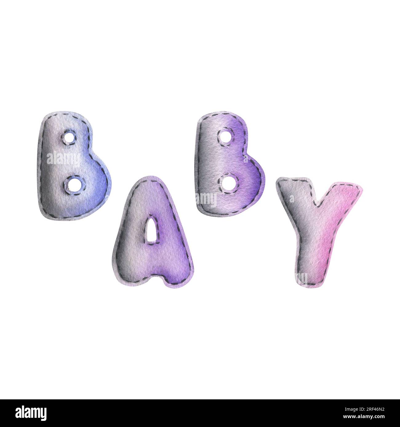 Letters BABY sewn from fabric in gray and lilac. Watercolor ...