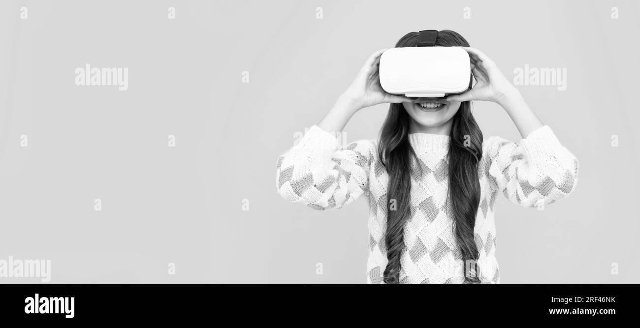 teen girl wear vr glasses using future technology for education in ...