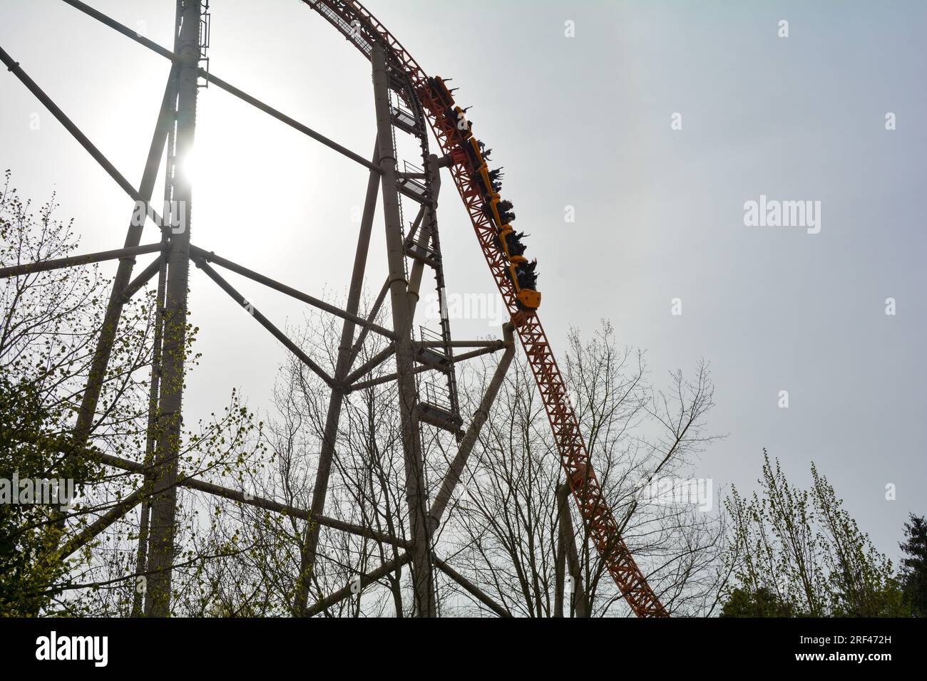 Roller coaster with full carriages in the amusement park with sun Stock Photo - Alamy