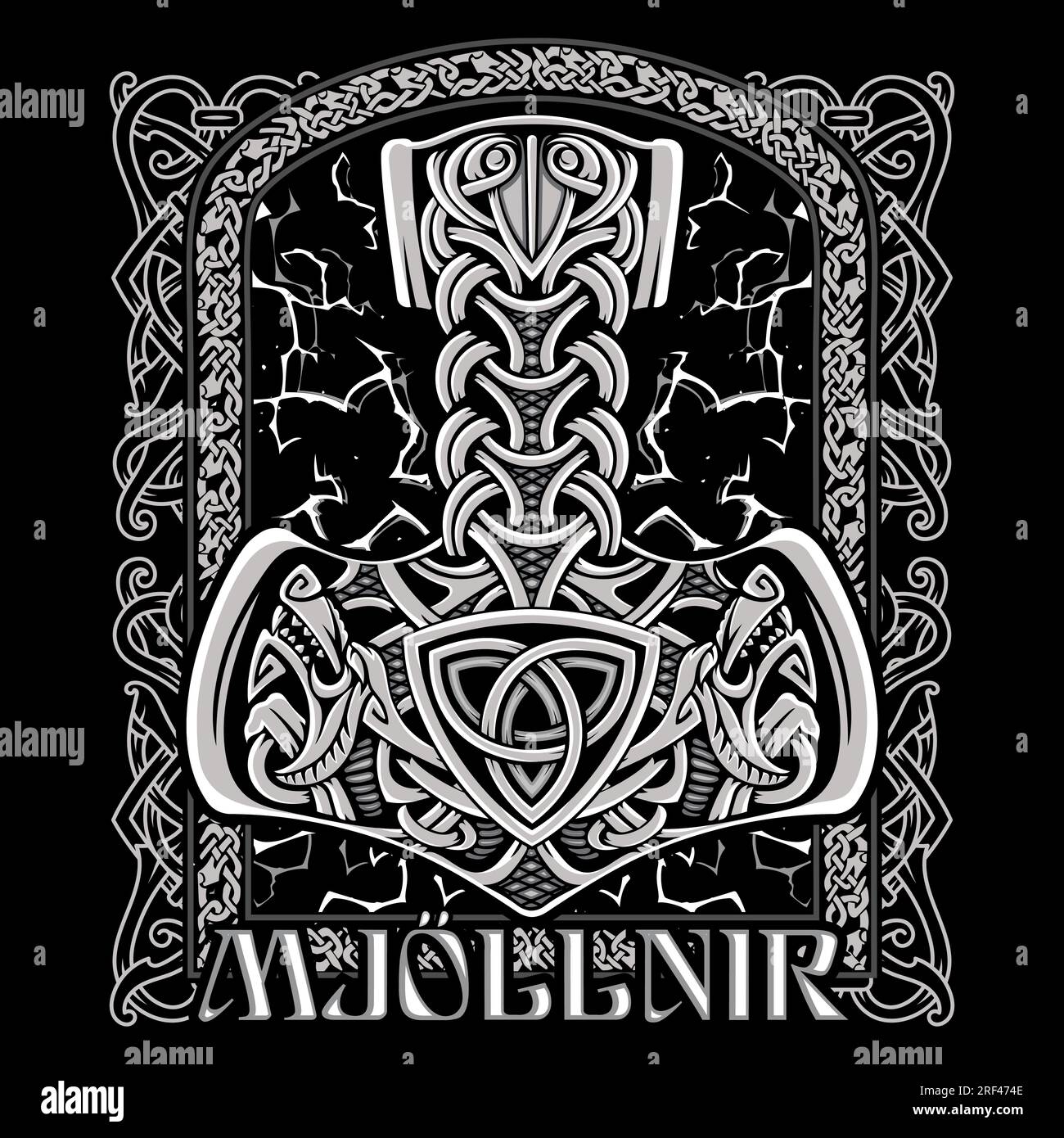 Ancient Scandinavian design. Thors Hammer, Mjolnir, with wolf heads, lightning and a Celtic ...