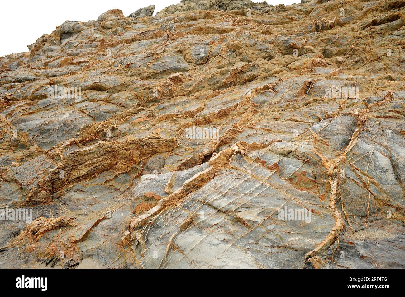 Quartz dikes across schist rock. This photo was taken in Cap Ras ...