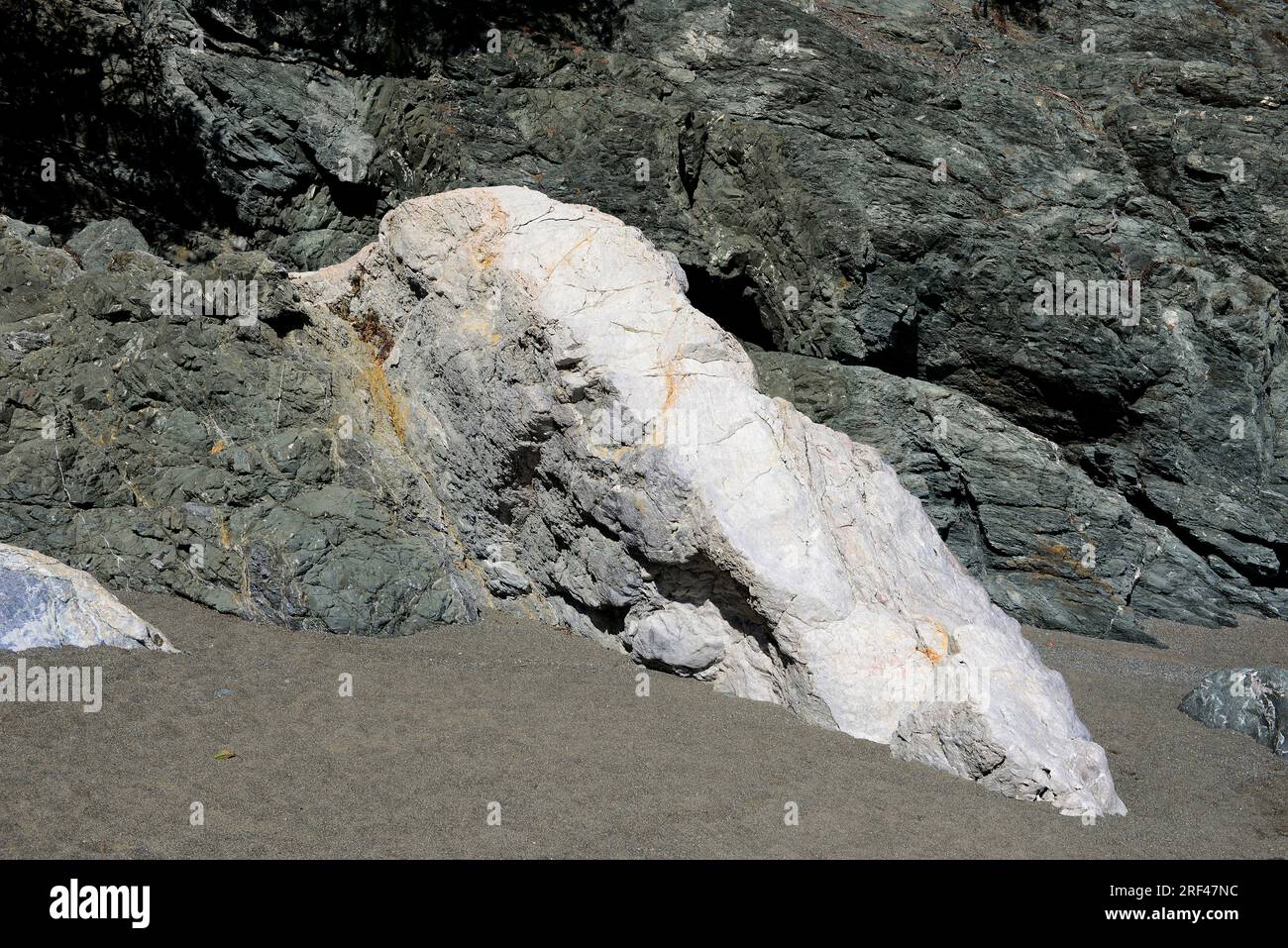 Lamprophyre rock with quartz dike (white). Lamprophyre is an ...