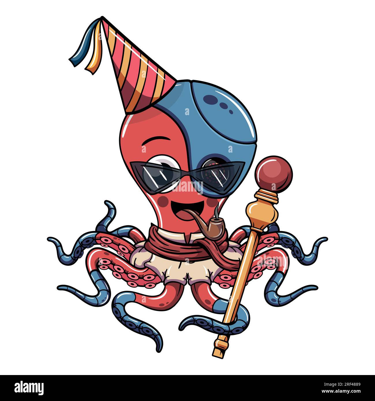 Cartoon cyborg octopus character celebrating with a birthday hat ...