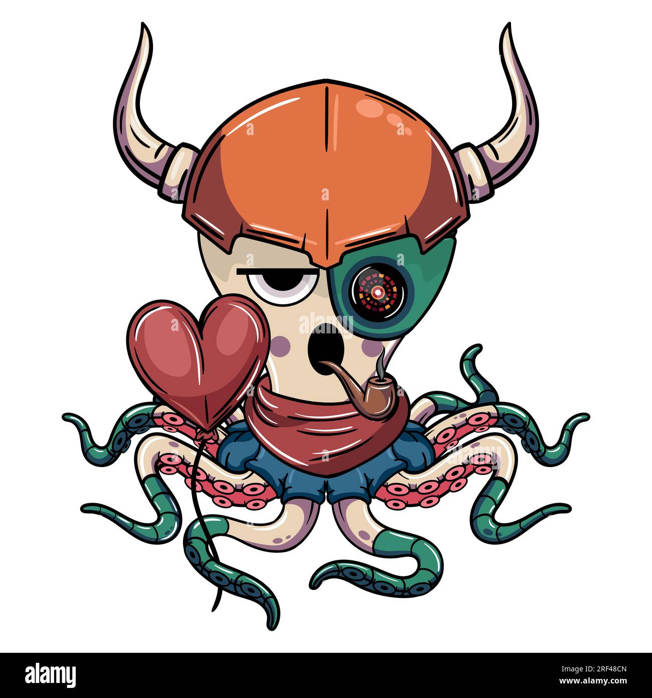 Cartoon cyborg octopus character with viking helmet, a heart balloon ...
