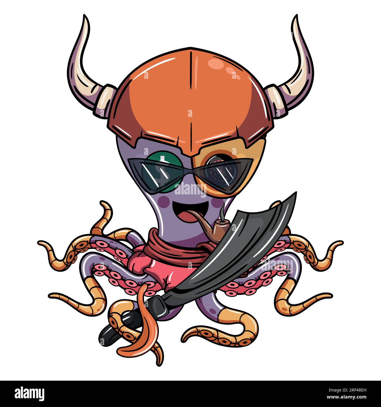Cartoon cyborg octopus character wearing a viking helmet, holding a ...