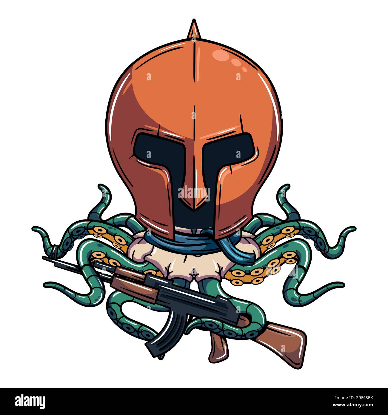 Cartoon cyborg octopus character wearing medieval helmet with shotgun ...
