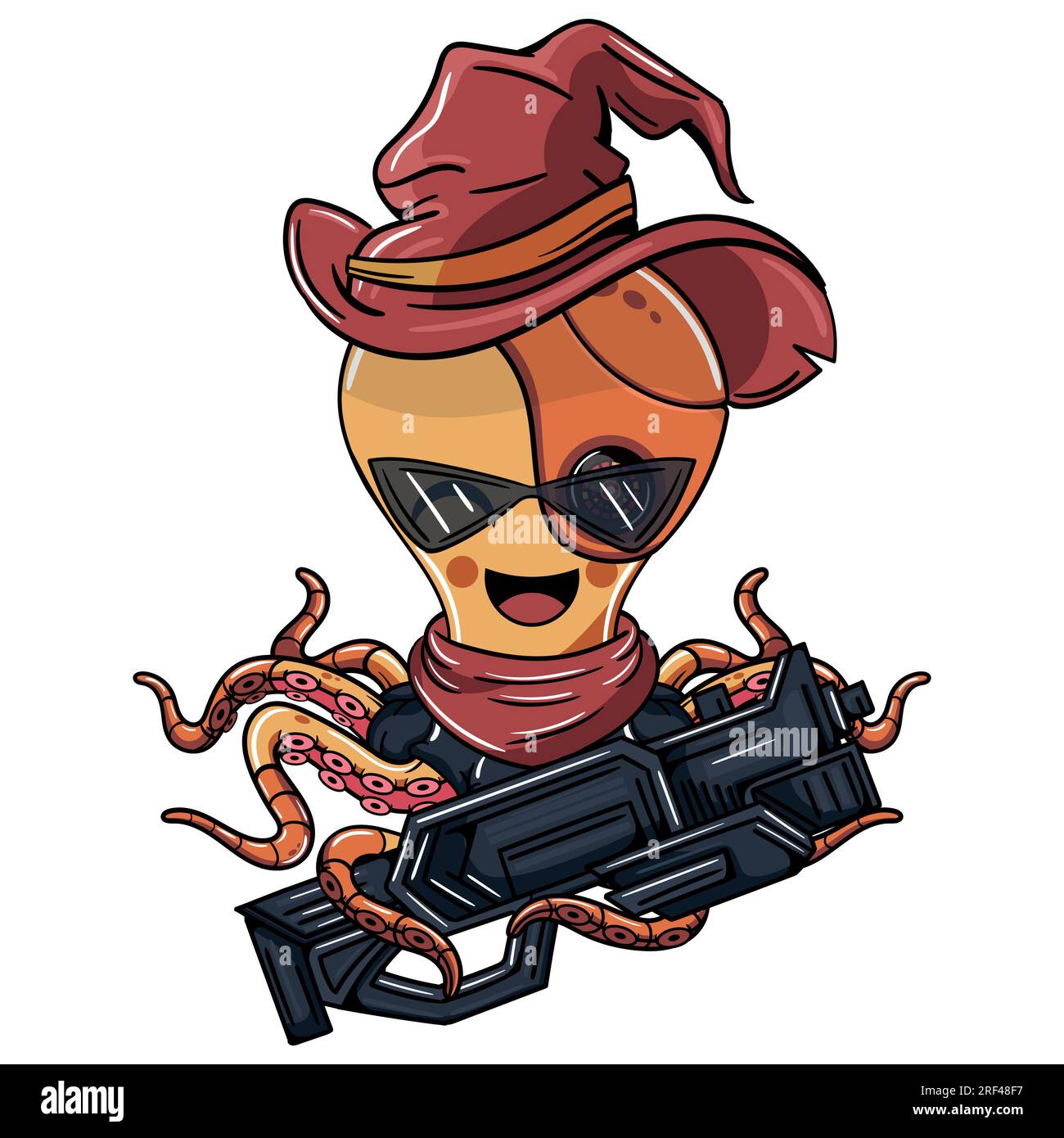 Cartoon octopus cyborg sorcerer character with witch hat and a ...