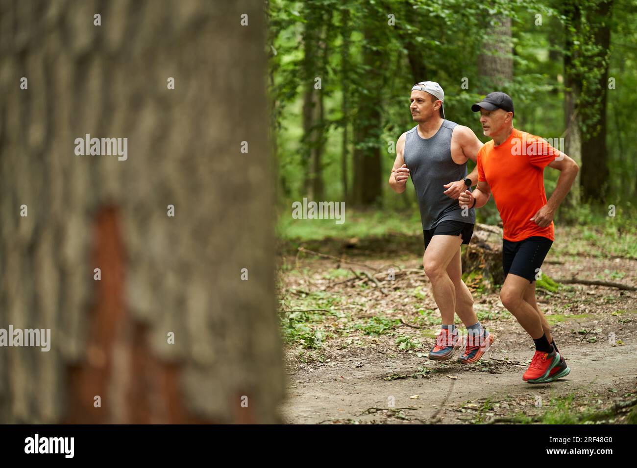 Two male friends running together on a trail through the forest Stock ...