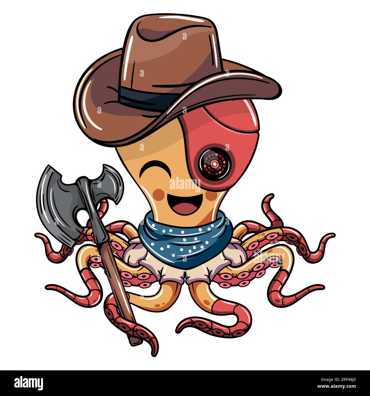Cartoon comic western cowboy cyborg octopus character with a war axe ...