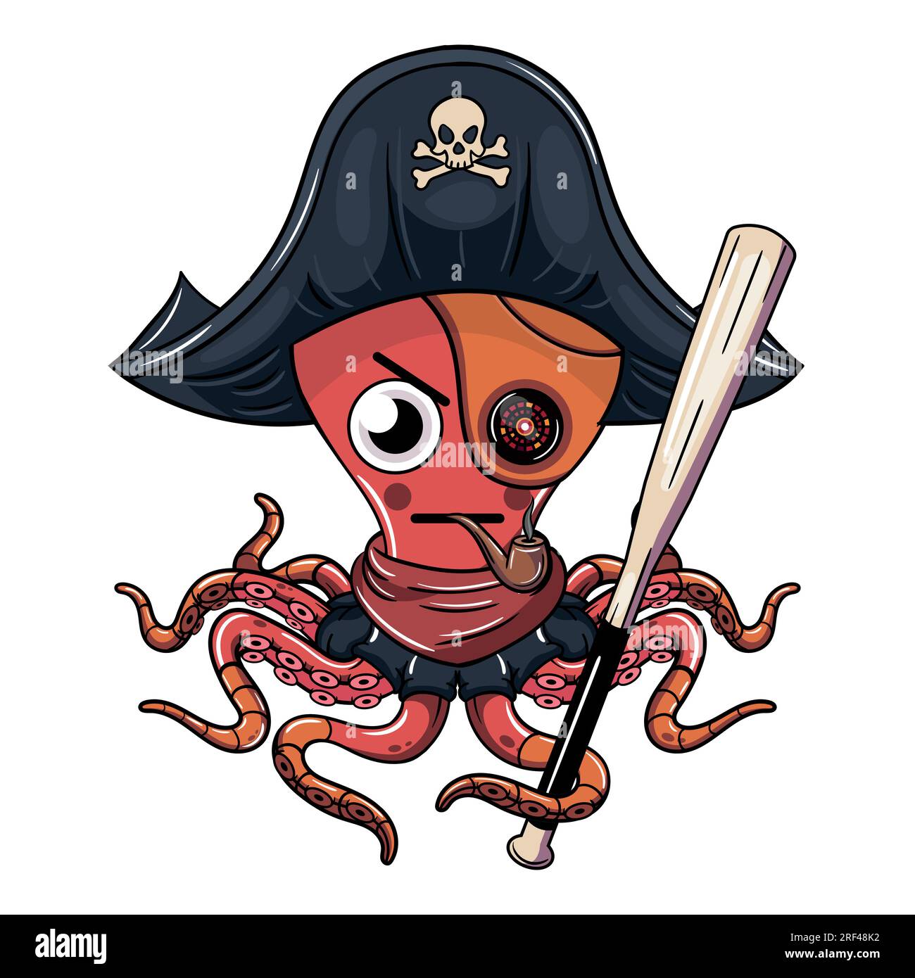 Cartoon pirate cyborg octopus character wearing a tricorne hat smoking ...