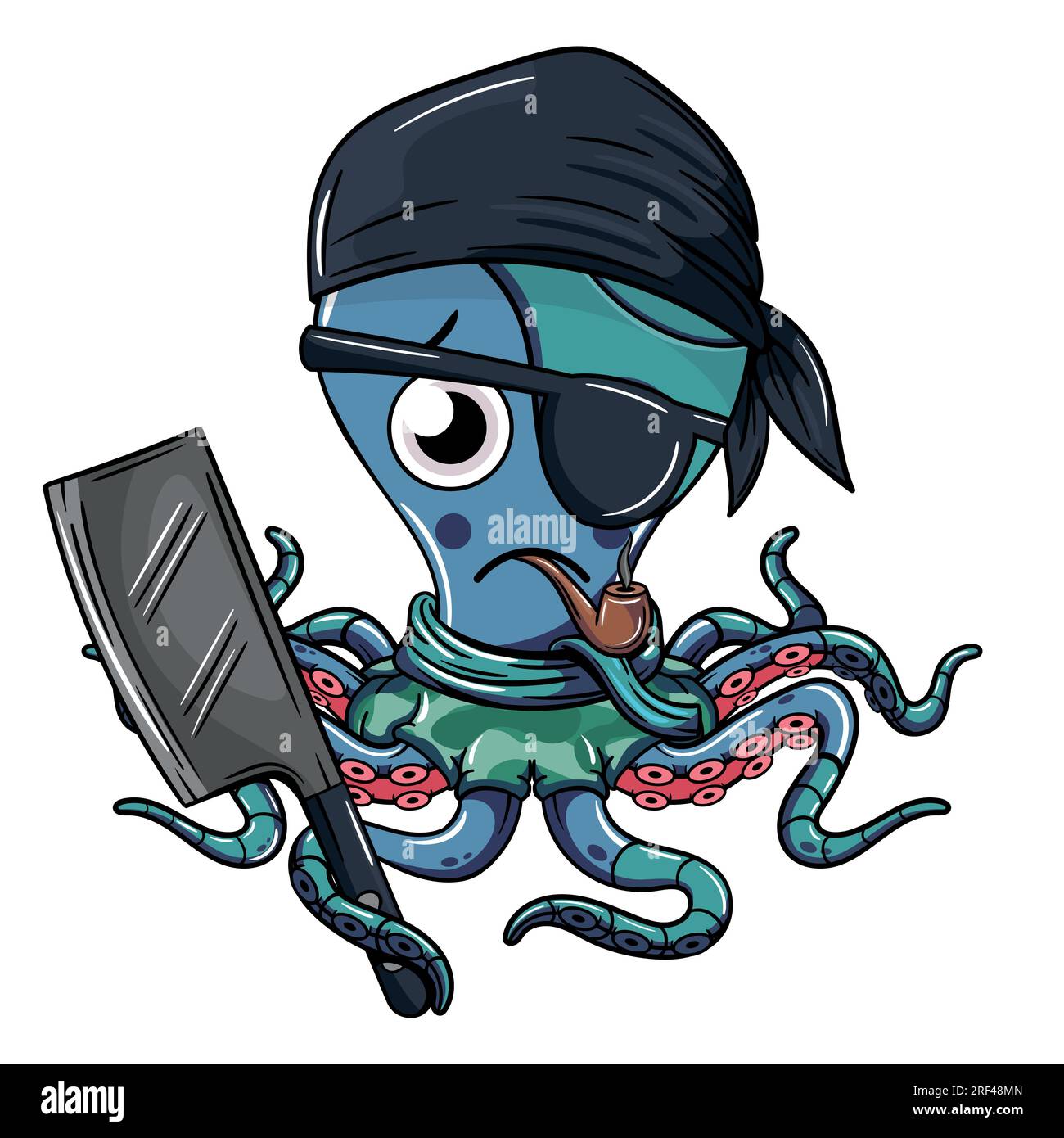 Cartoon pirate cyborg octopus character with eye patch smoking pipe and ...