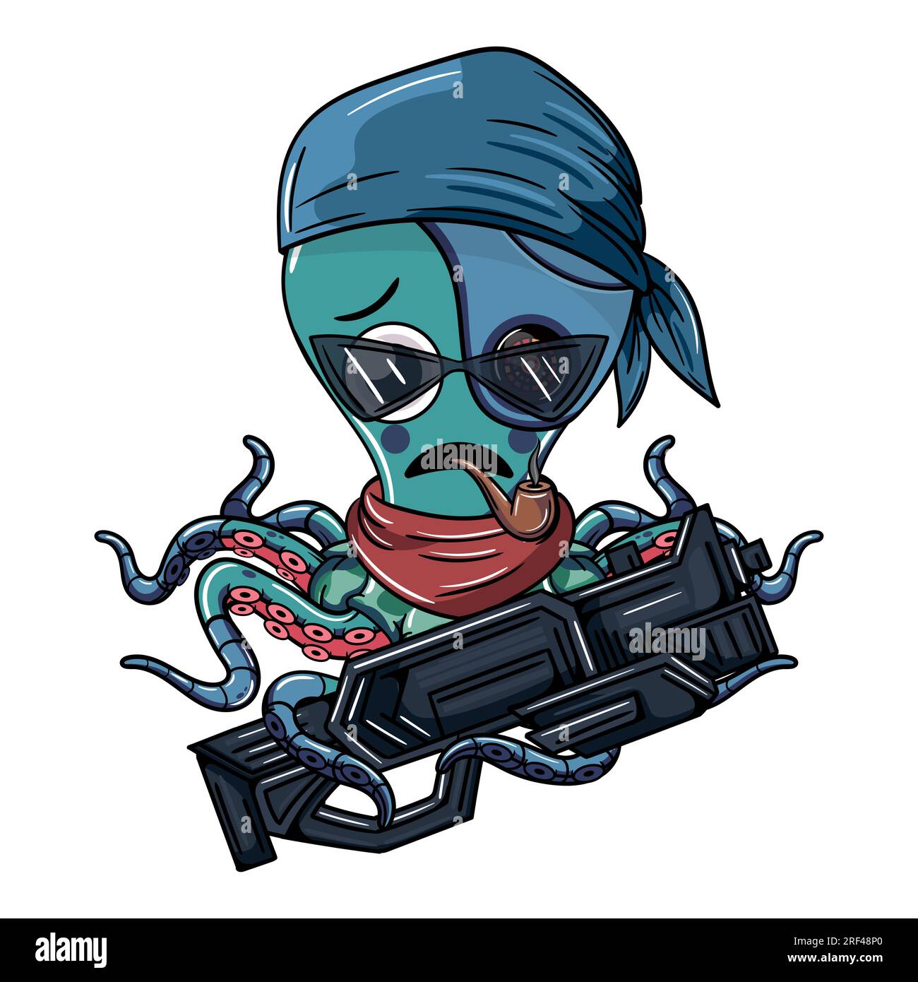 Cartoon military soldier cyborg octopus character smoking a pipe with ...