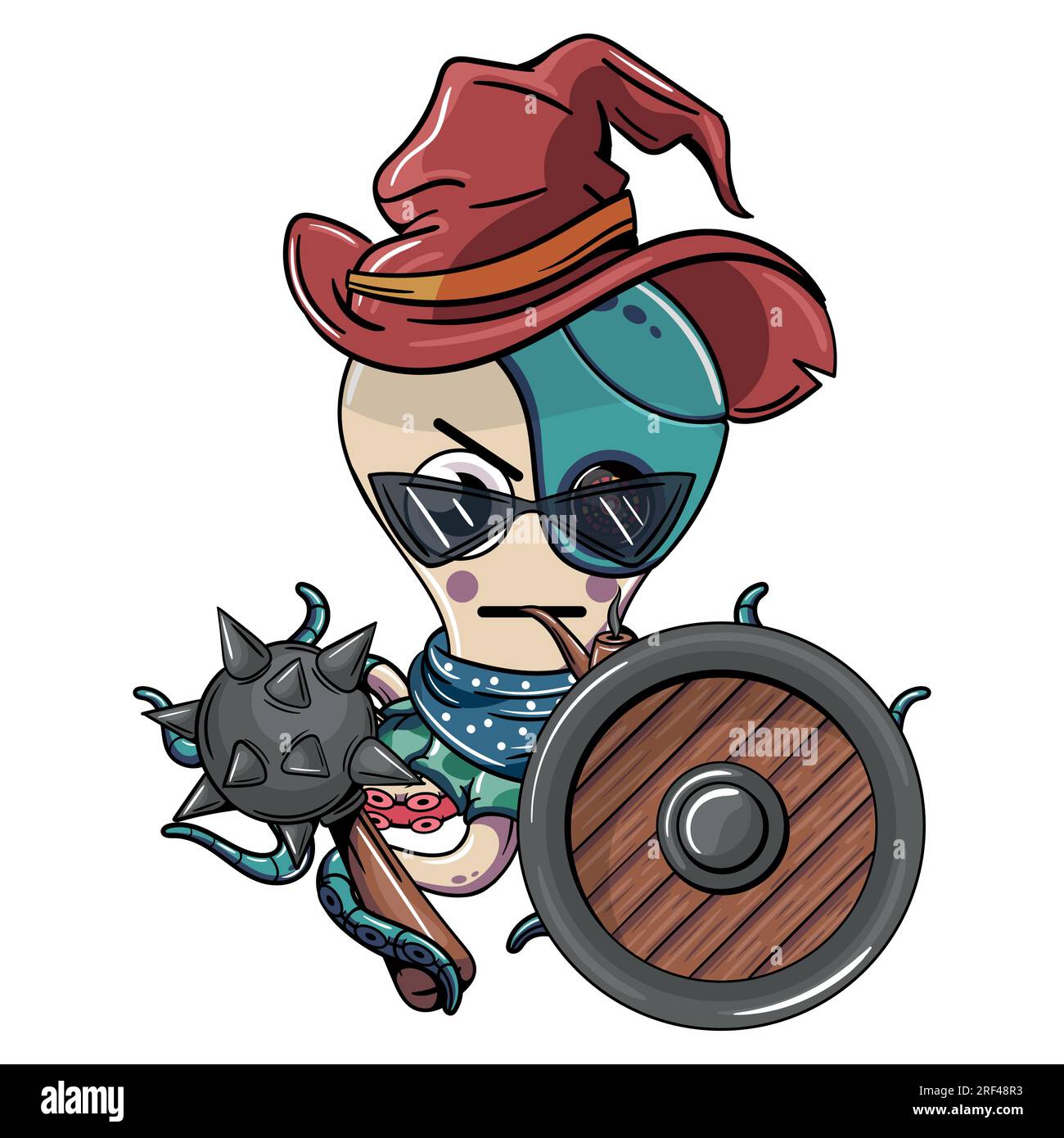 Annoyed cartoon cyborg octopus character with witch hat smoking a pipe ...