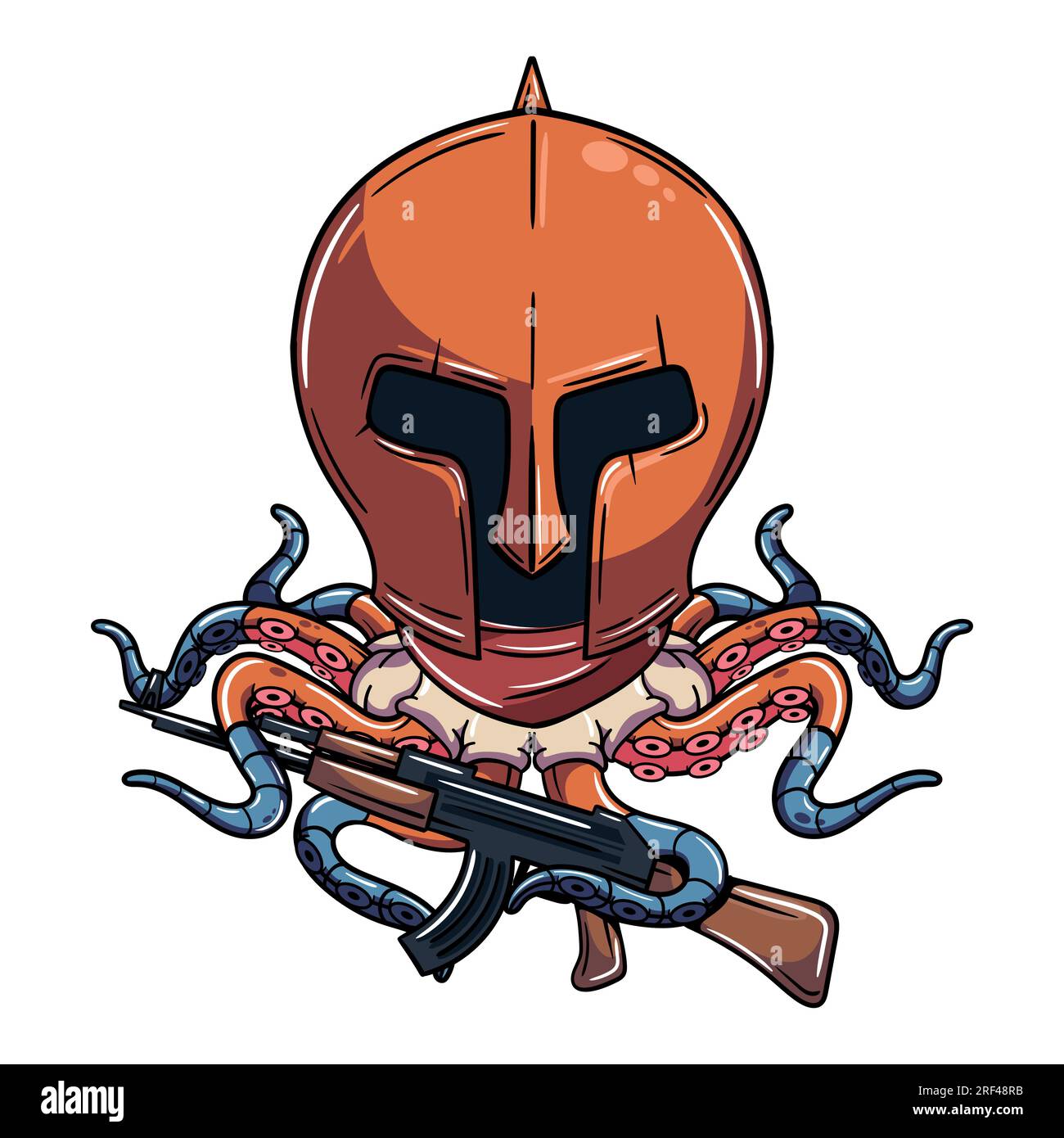 Cartoon cyborg octopus character wearing a medieval gladiator helmet ...