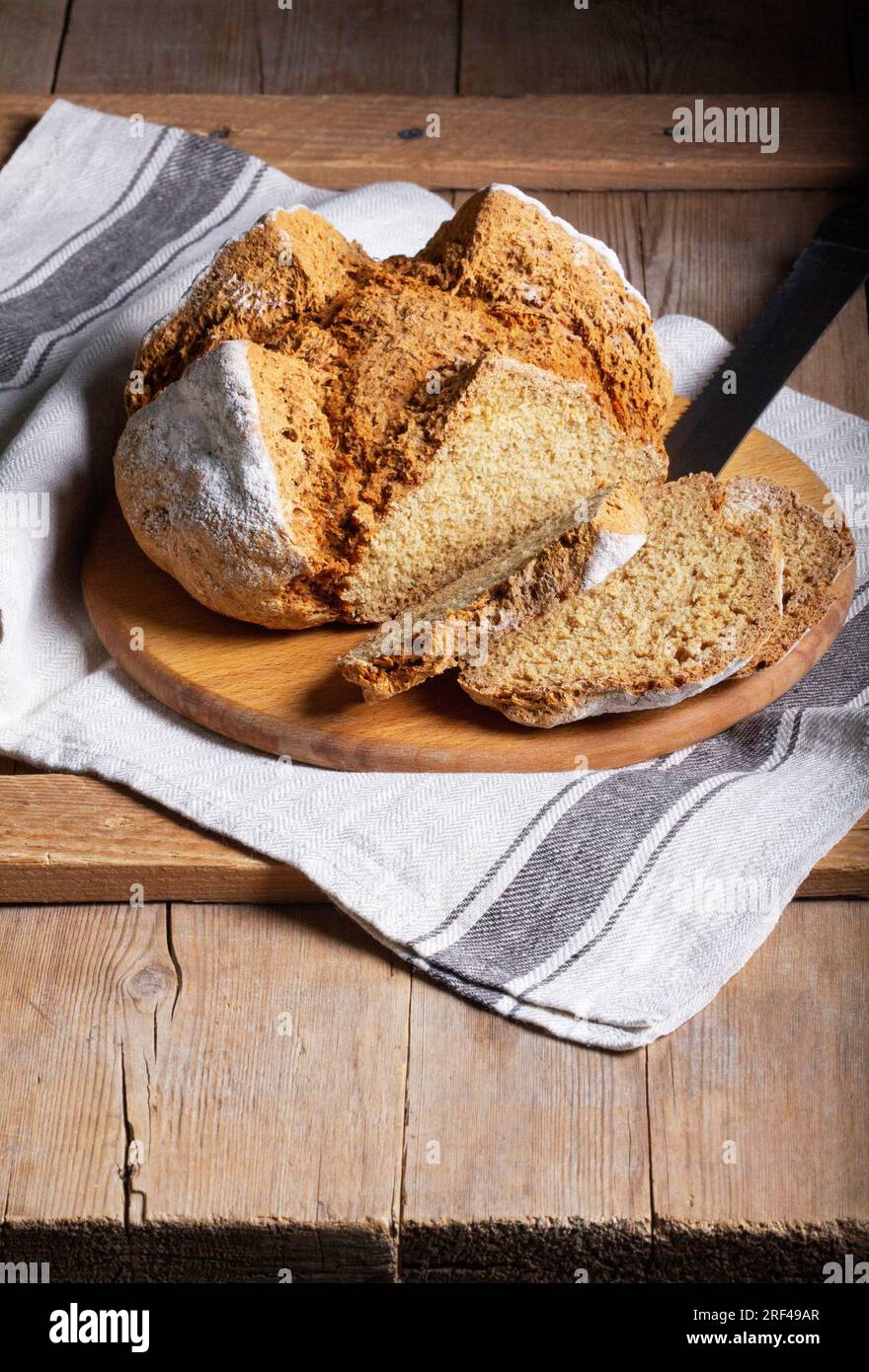 Traditional Irish soda bread made from whole grain and rye flour on a ...