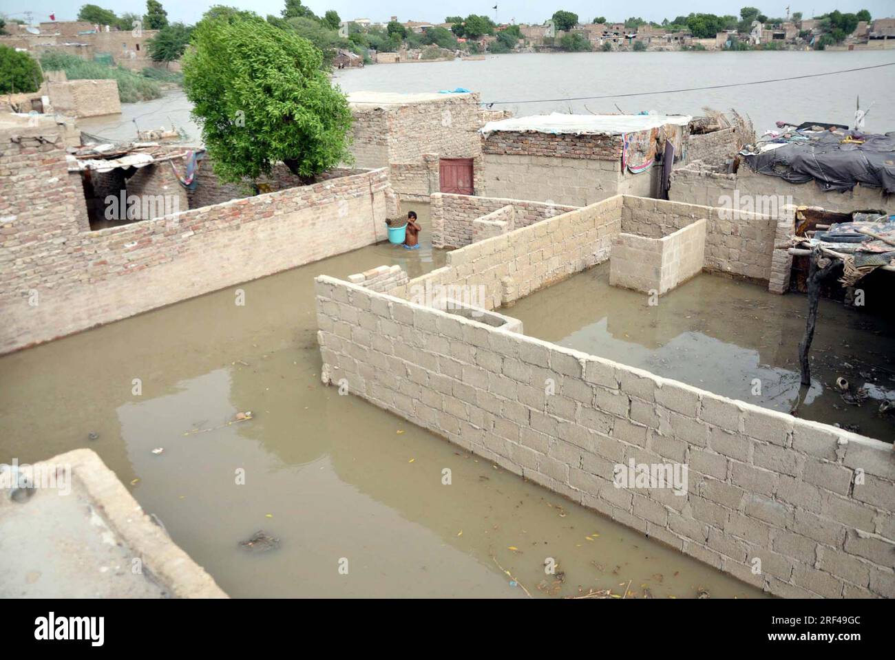 View of stagnant water after low-level flood at Indus River while flood ...