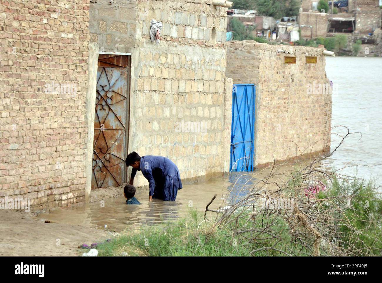 View of stagnant water after low-level flood at Indus River while flood ...